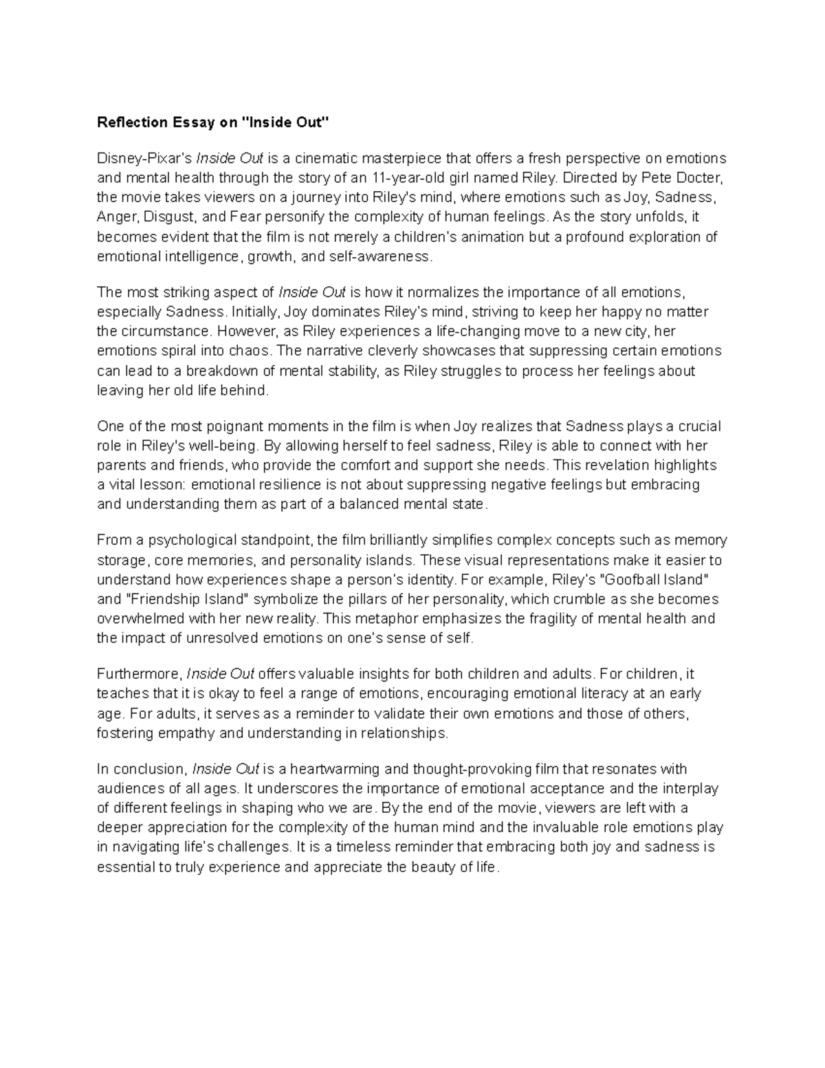 Reflection Essay on Pixar's Inside Out: Emotions Explored - Studocu