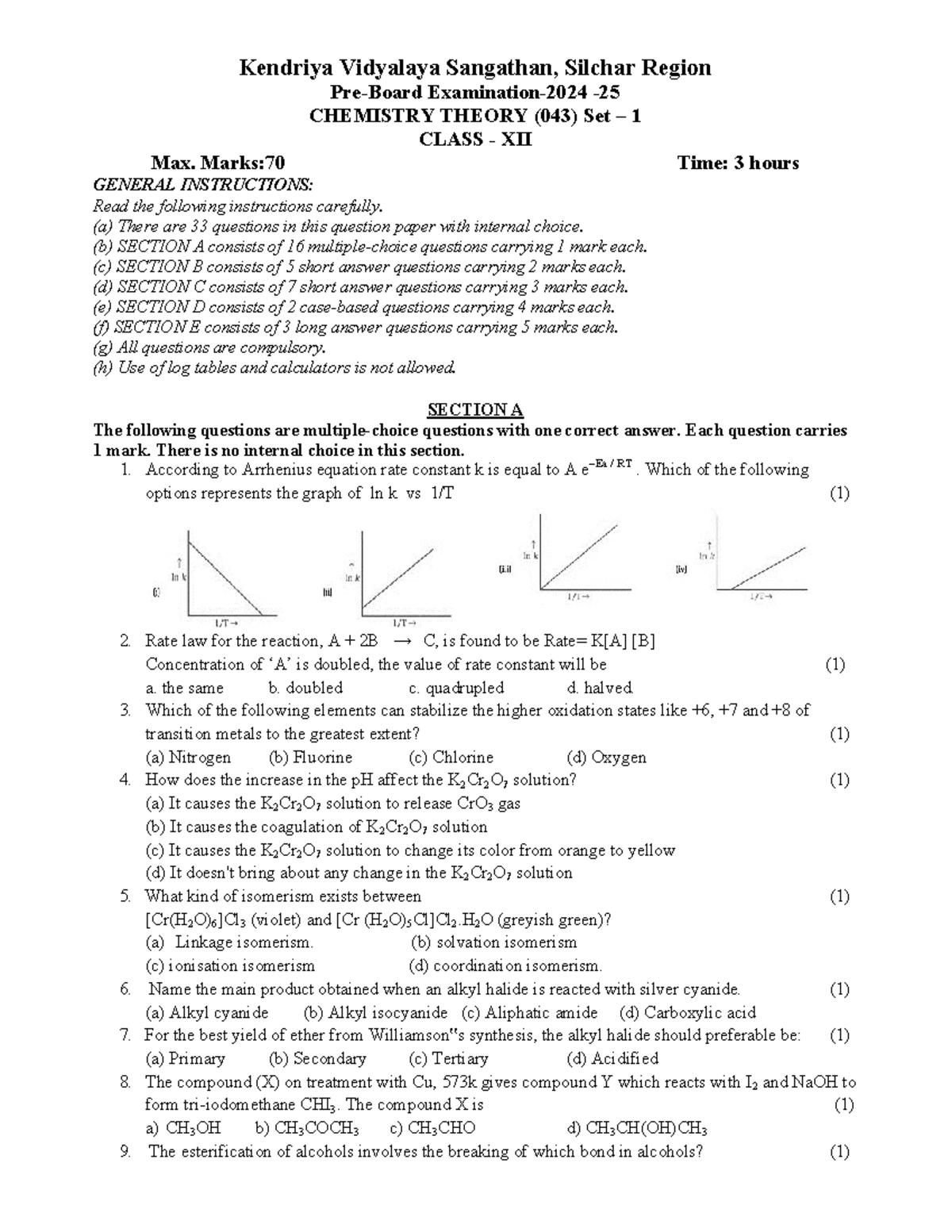 Chemistry Theory Exam (043) Set 1 - Class XII - Kendriya Vidyalaya ...