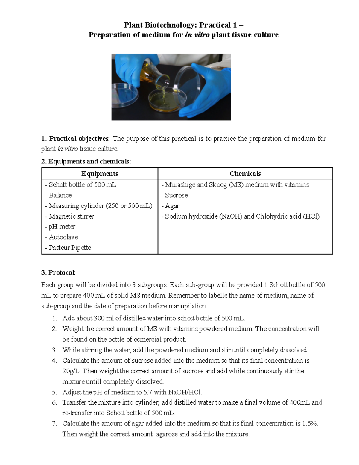 Practical 1 preparation of medium - Plant Biotechnology: Practical 1 ...