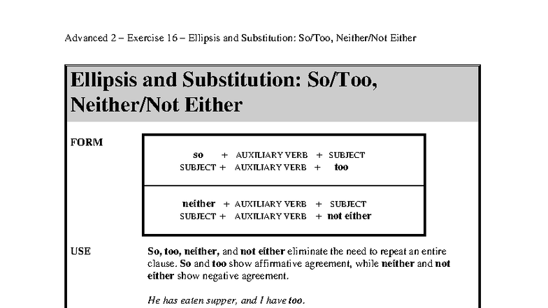 Advanced 2 Exercise 16: Ellipsis & Substitution Techniques - Studocu