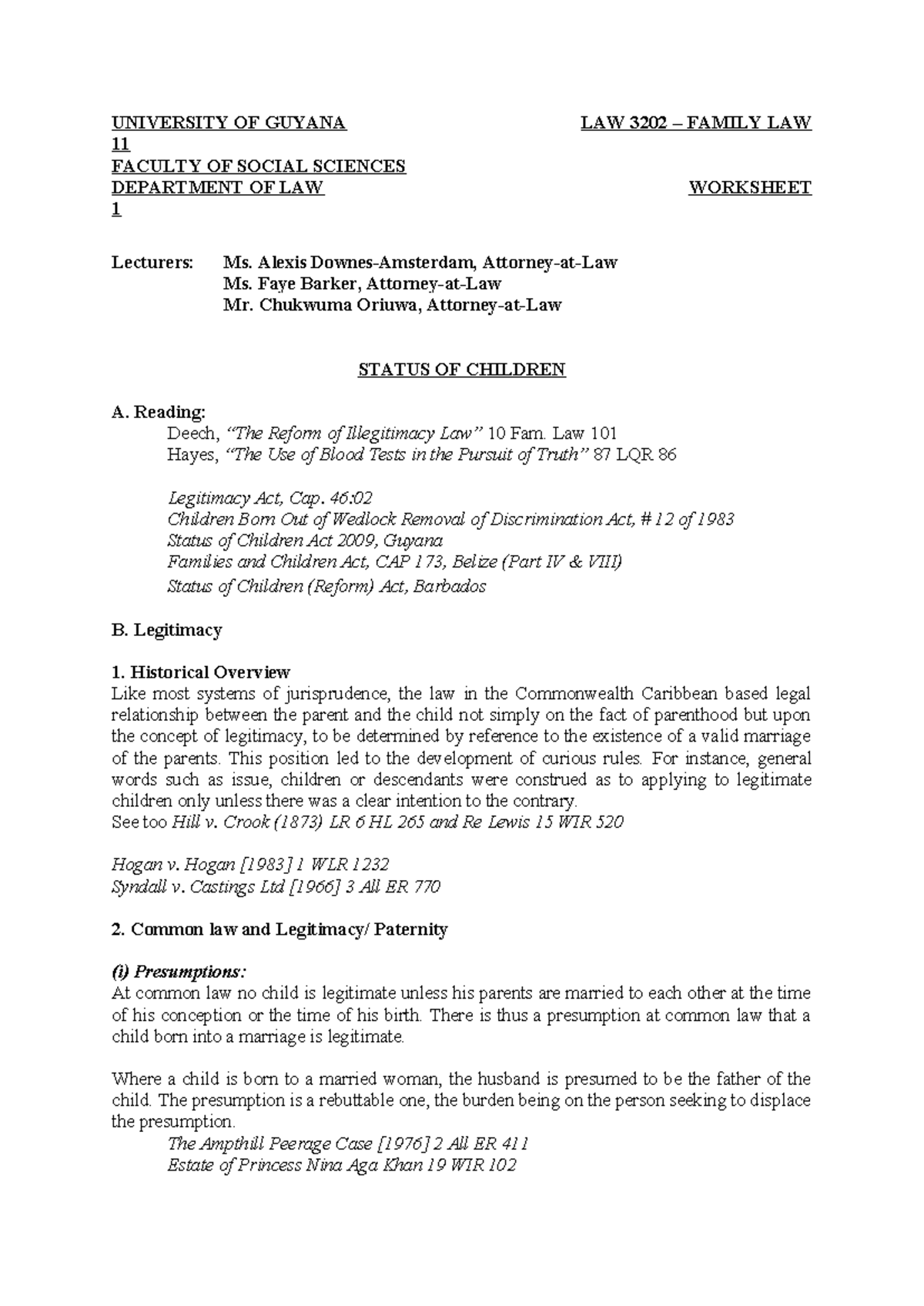 LAW 3202 Worksheet #1: Status of Children in Family Law - Studocu