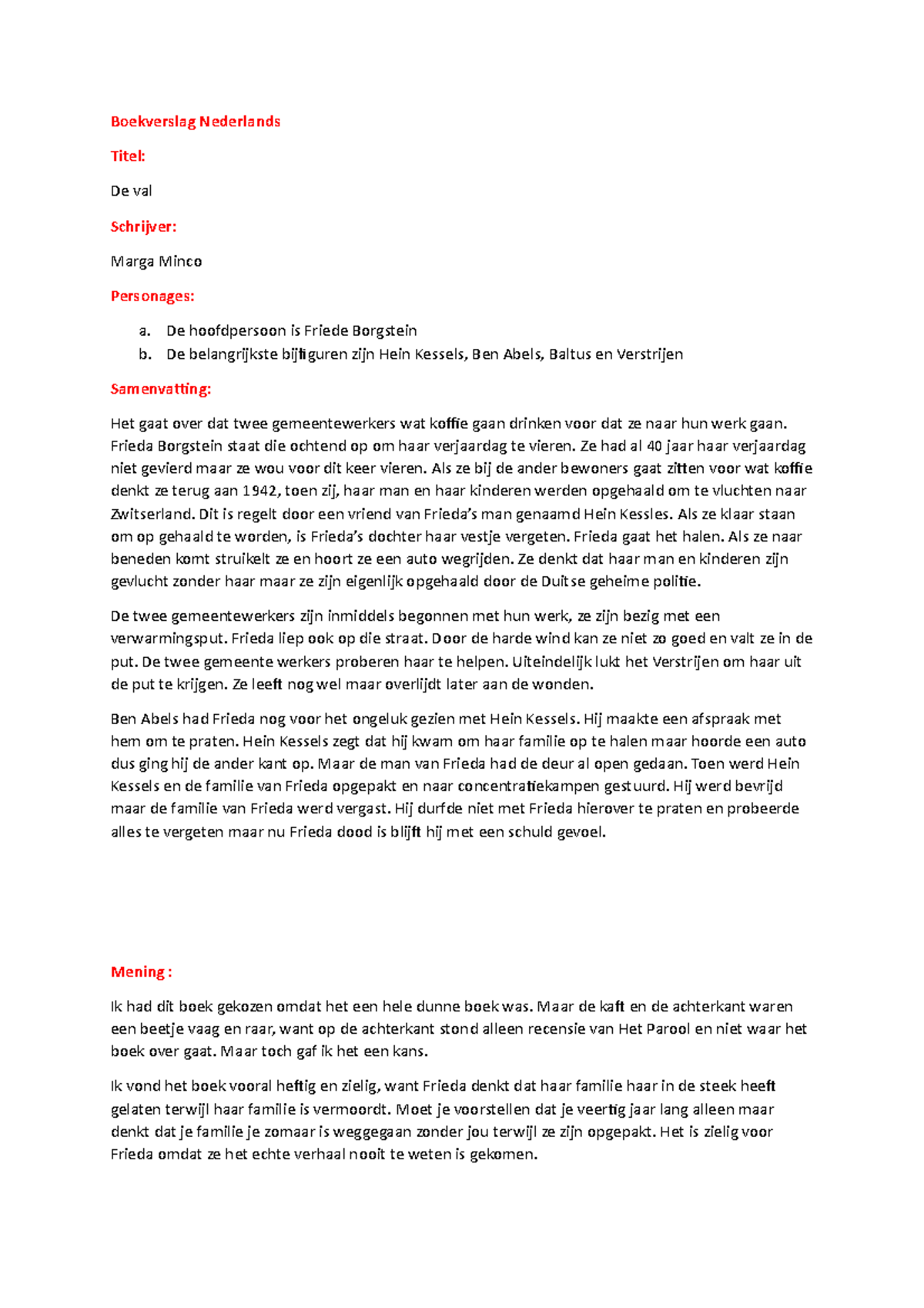 Boekverslag Nederlands: "De val" van Marga Minco - Analyse en Reflectie - Studeersnel