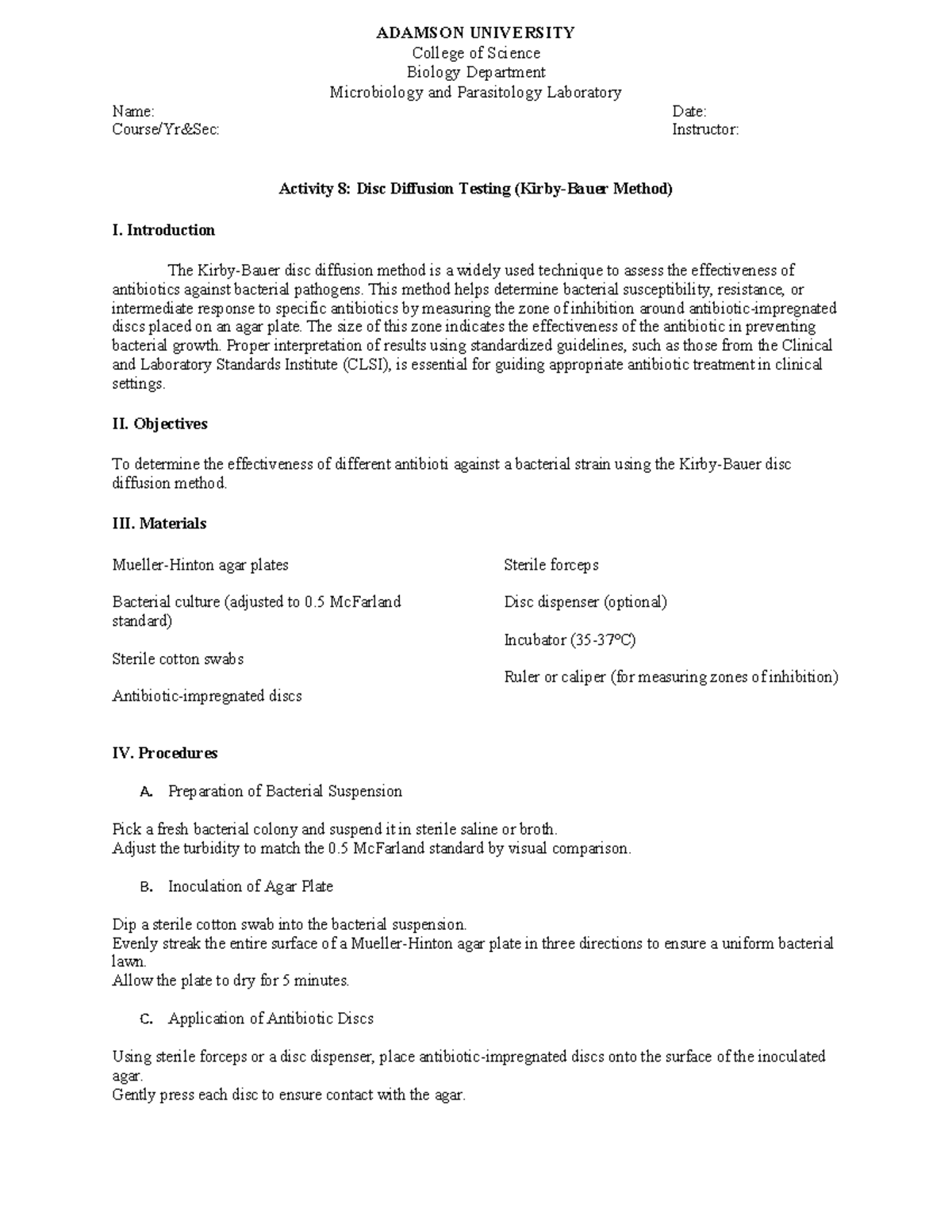 Activity 8: Disc Diffusion Testing (Kirby-Bauer Method) - Biology Lab ...