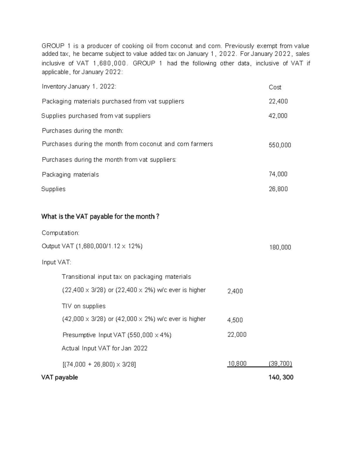 Taxation VAT Calculation Example for Cooking Oil Producer - Studocu
