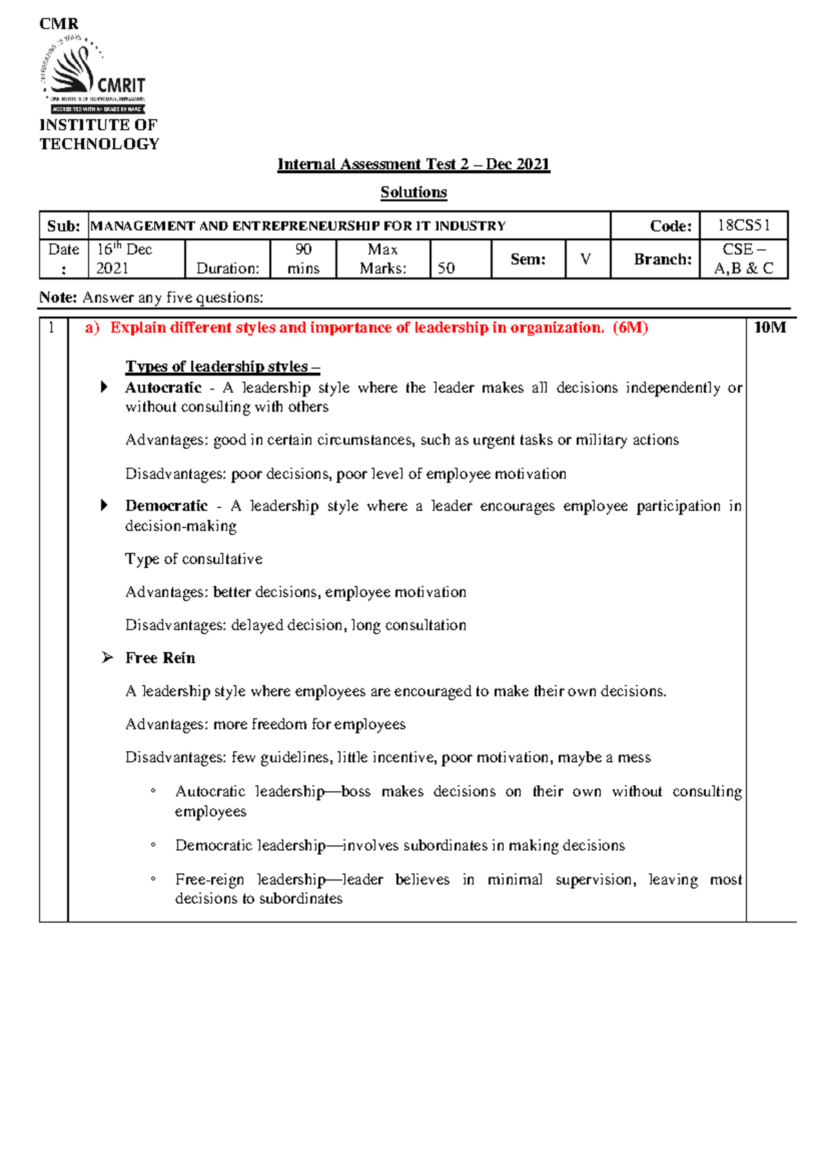 IAT-II Question Paper with Solution of 18CS51 Management And ...