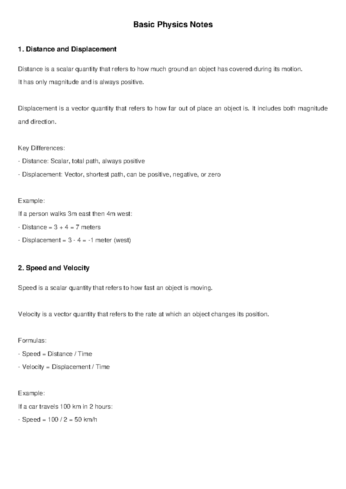 Physics 101: Distance, Displacement, Speed, and Velocity Notes - Studocu
