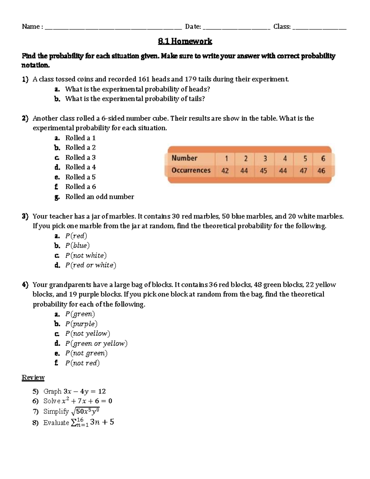 8.1 Homework: Experimental & Theoretical Probability Problems - Studocu