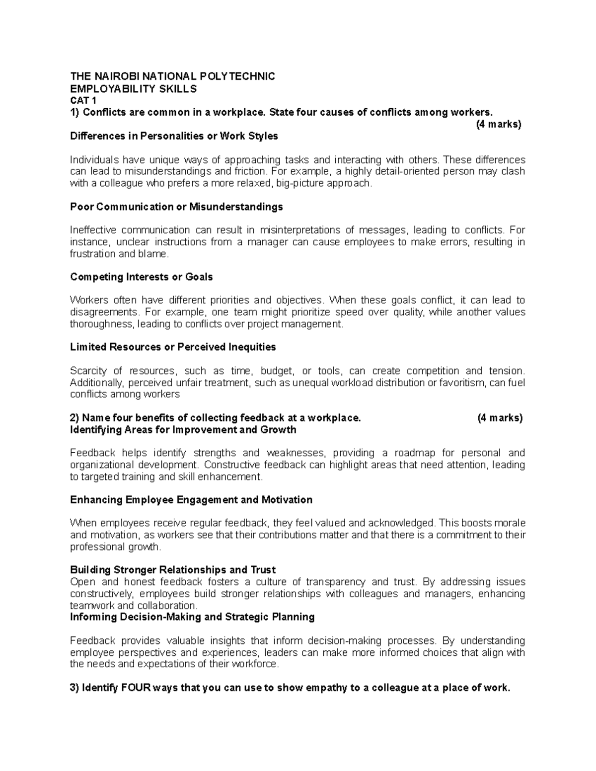 Employability Skills CAT 1: Causes of Conflicts & Benefits of Feedback ...