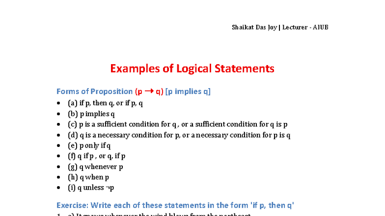 AIUB Lecture: Examples of Logical Statements and Propositions - Studocu