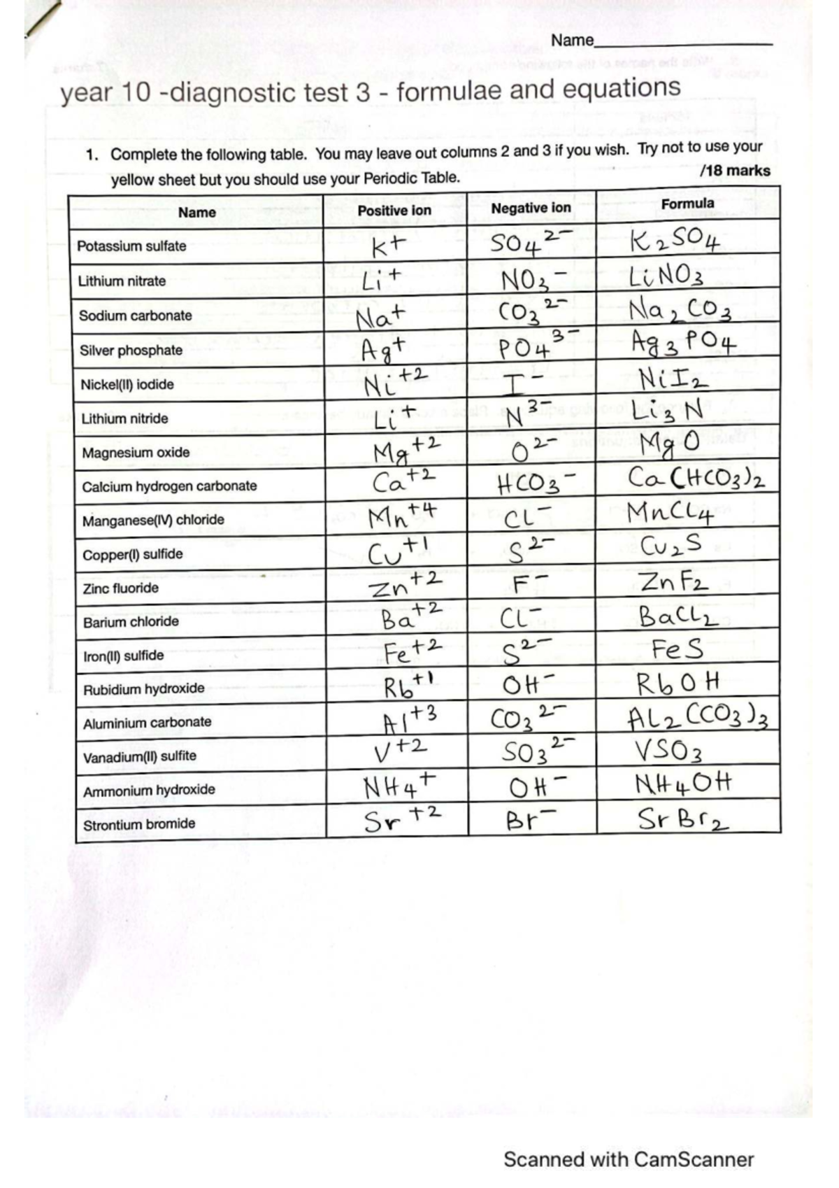 Diagnostic quiz 3 answers - Name year 10 test 3 formulae and equations ...