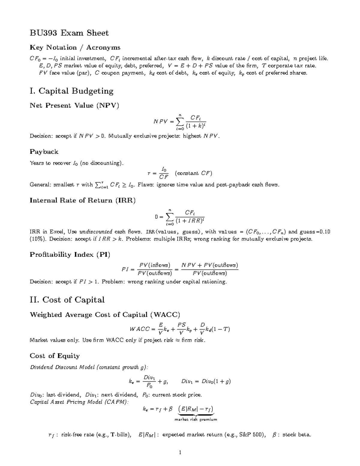BU393 Midterm Exam Sheet: Key Notation & Capital Budgeting Concepts ...