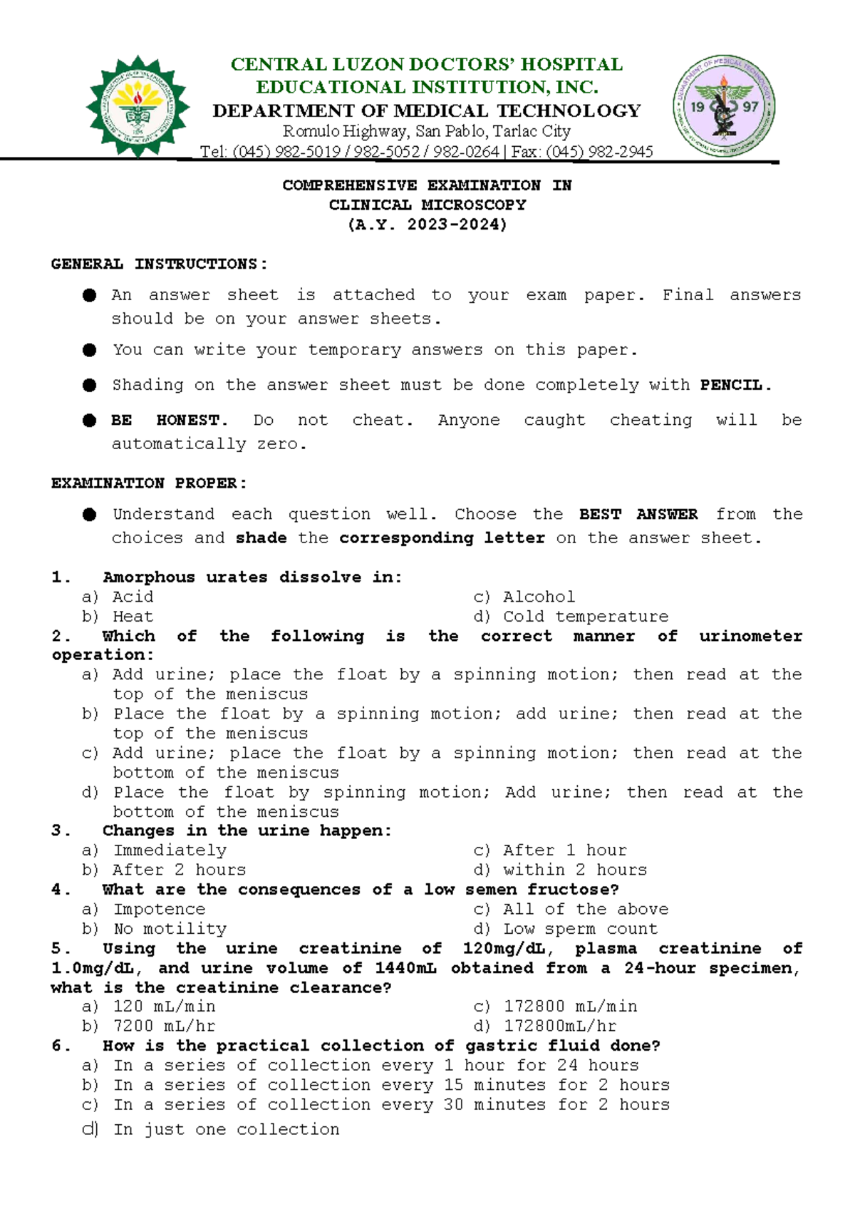 Final Exam - CM 2023: Comprehensive Examination in Clinical Microscopy ...