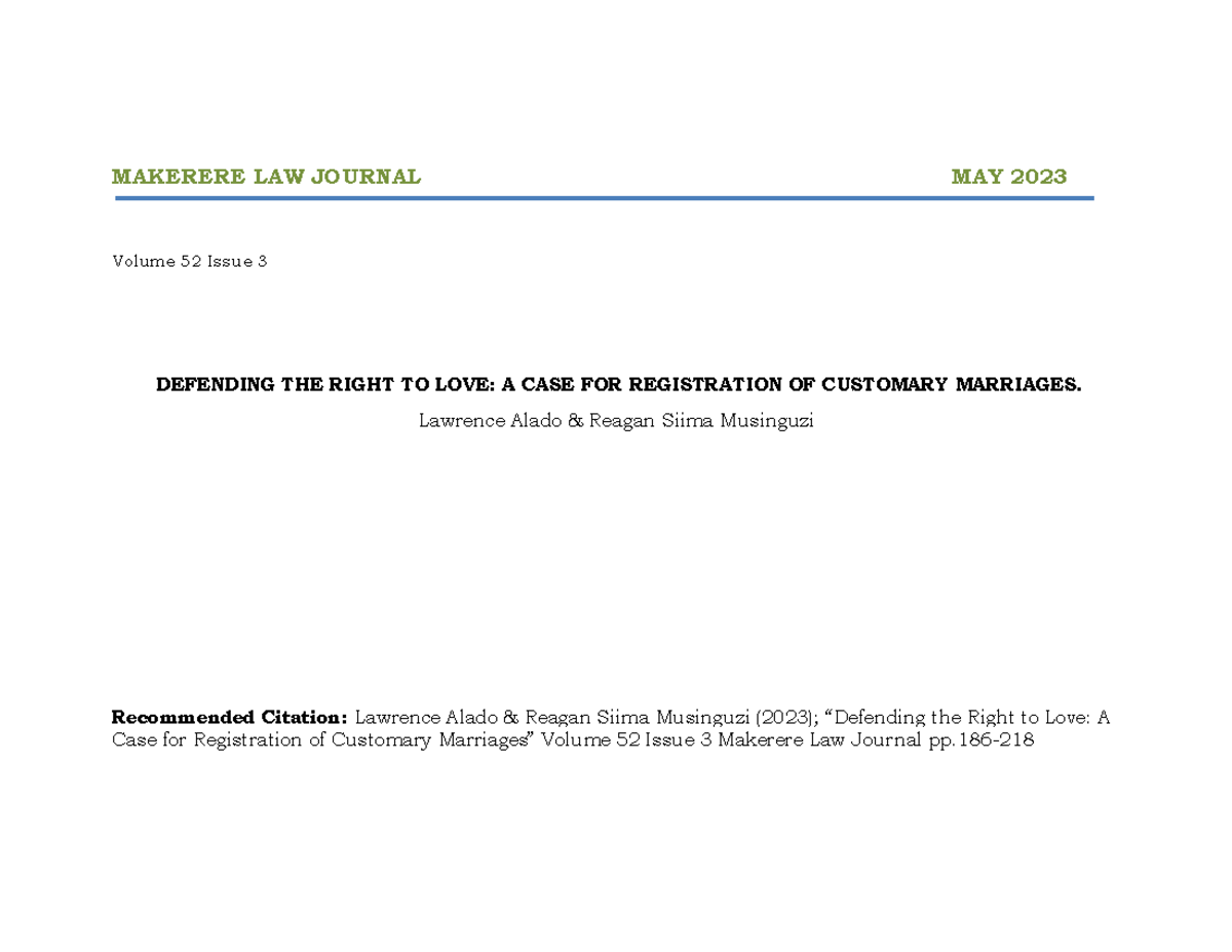 Defending THE Right TO LOVE - A CASE FOR Registration OF Customary ...