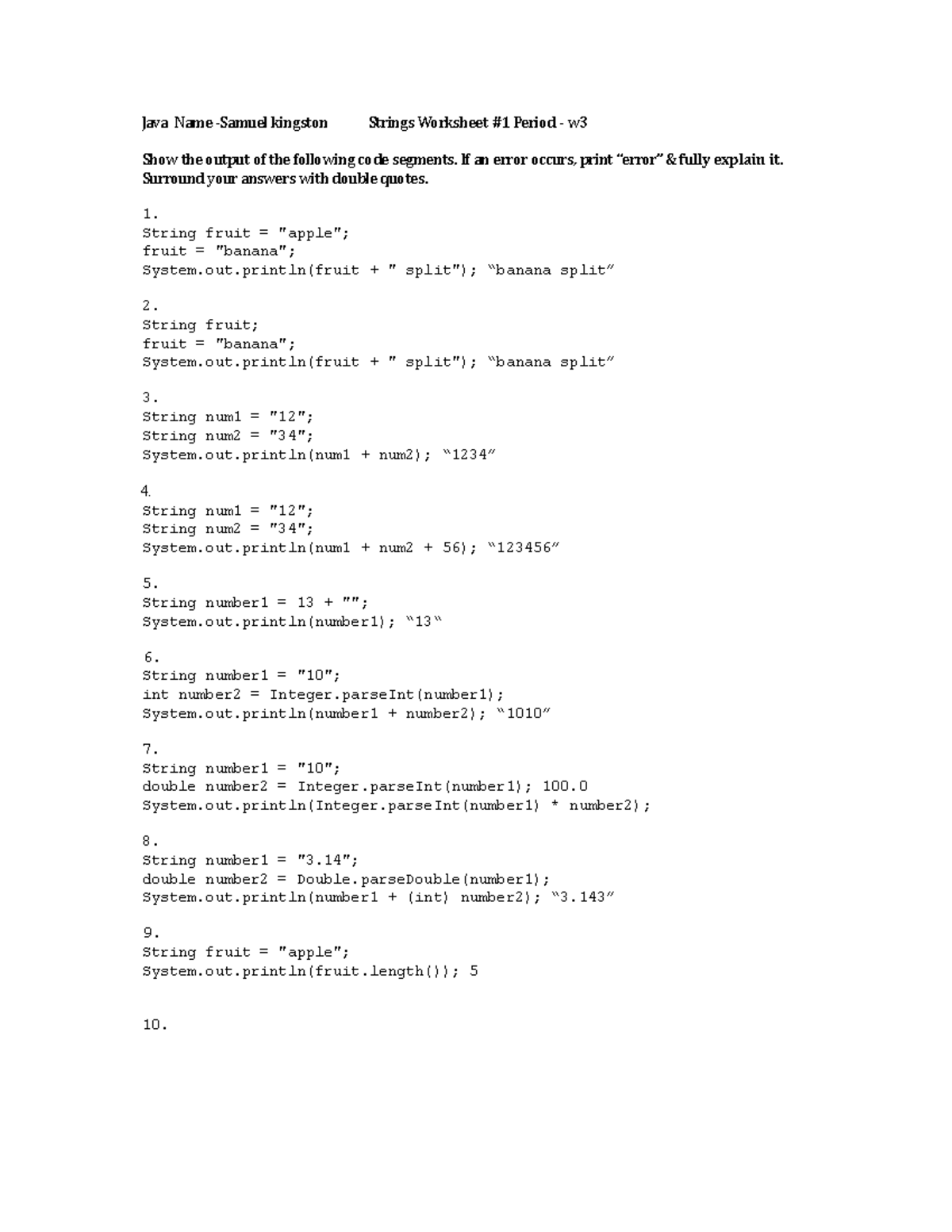 Copy of strings worksheet 1 - Java Name -Samuel kingston Strings ...