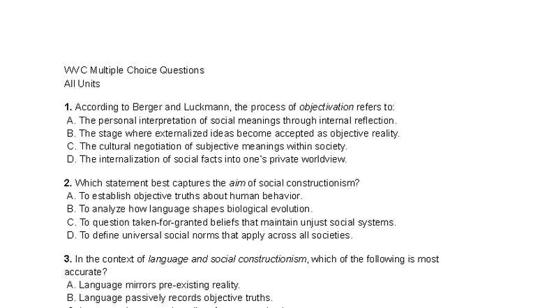 WVC MCQ Study Guide: Social Constructionism Concepts - Studocu