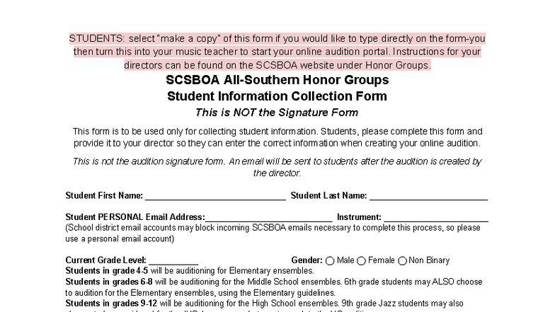 2023 SCSBOA Student Info Collection Form for Auditions - Studocu