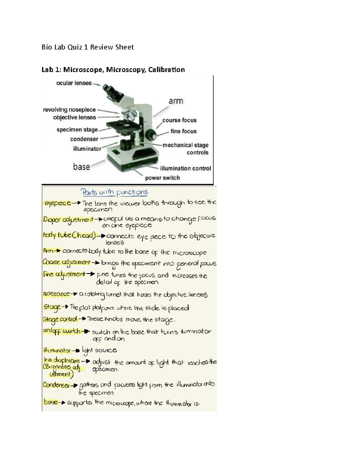 Bio Lab Quiz 1 Review Sheet - Bio Lab Quiz 1 Review Sheet Lab 1 ...