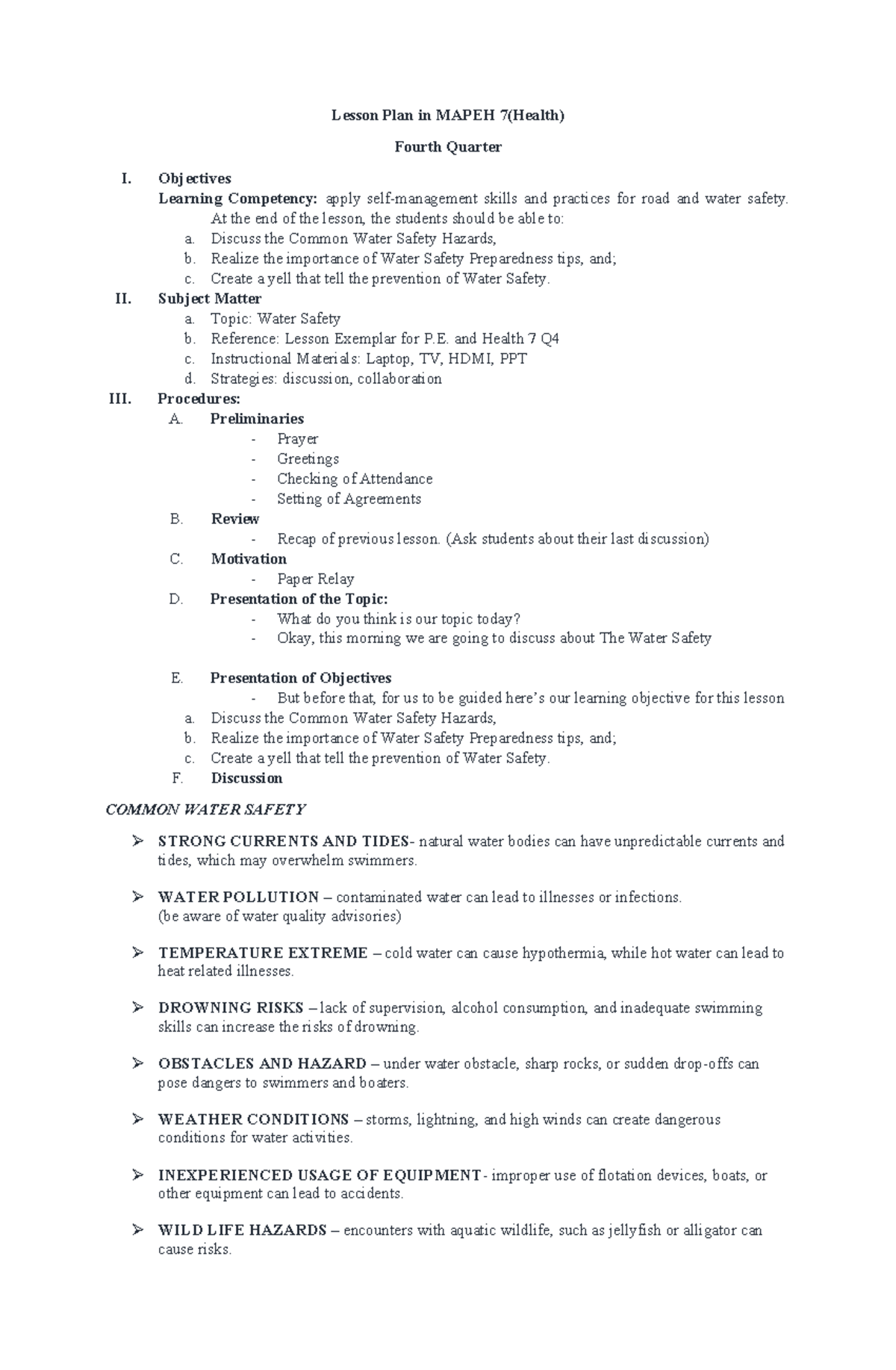 Water Safety Lesson Plan for MAPEH 7 (Health) - Q4 - Studocu