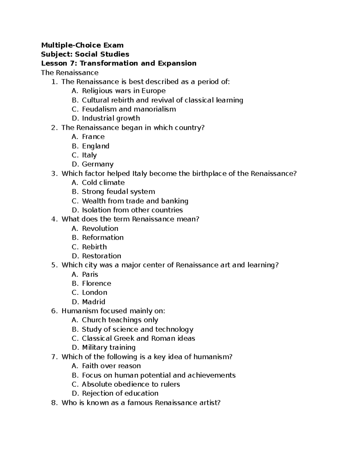 Social Studies 8: Lesson 7 - Renaissance & Reformation Exam Review ...