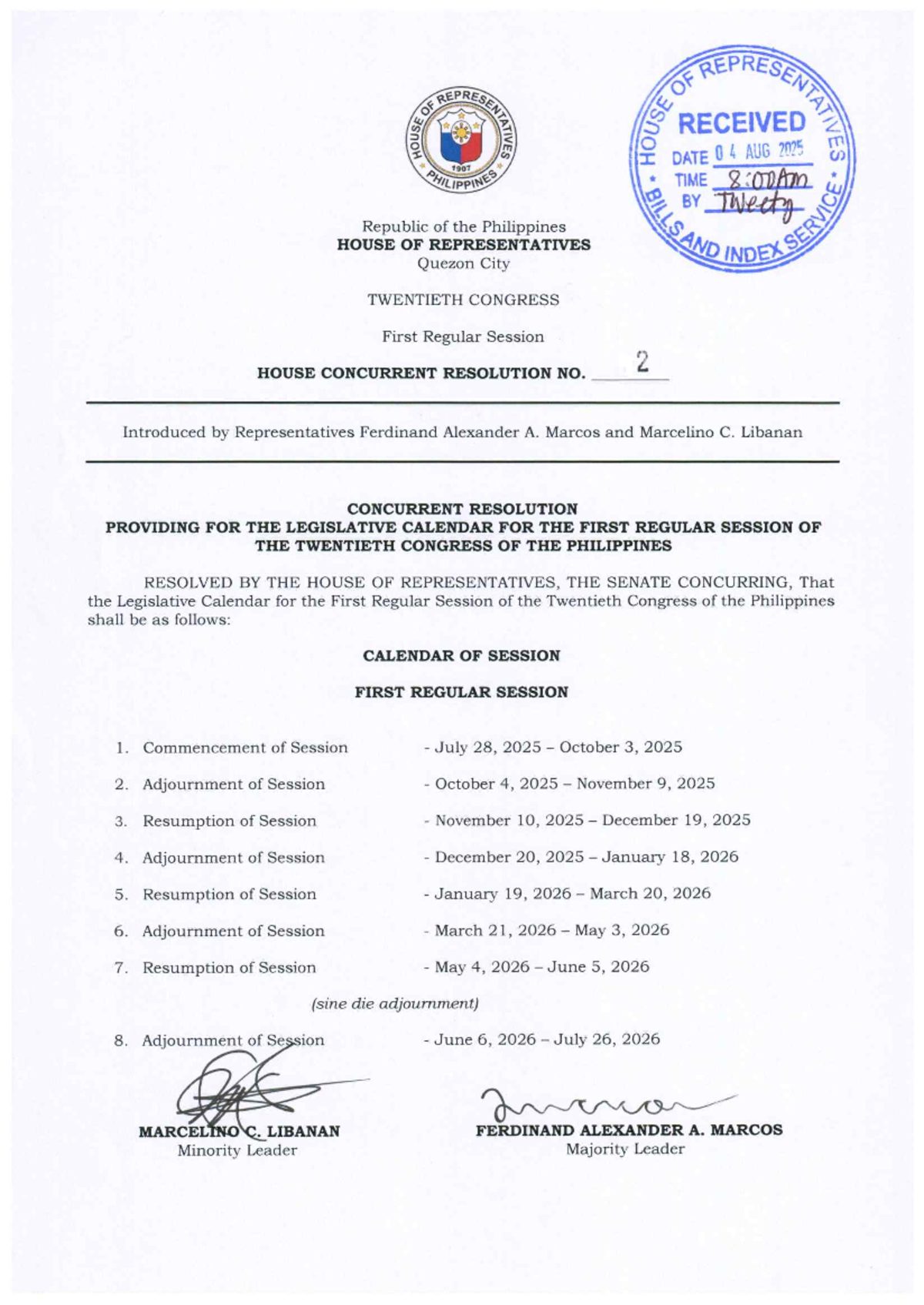 HCR 0002-1: Legislative Calendar for the 1st Regular Session, 20th ...