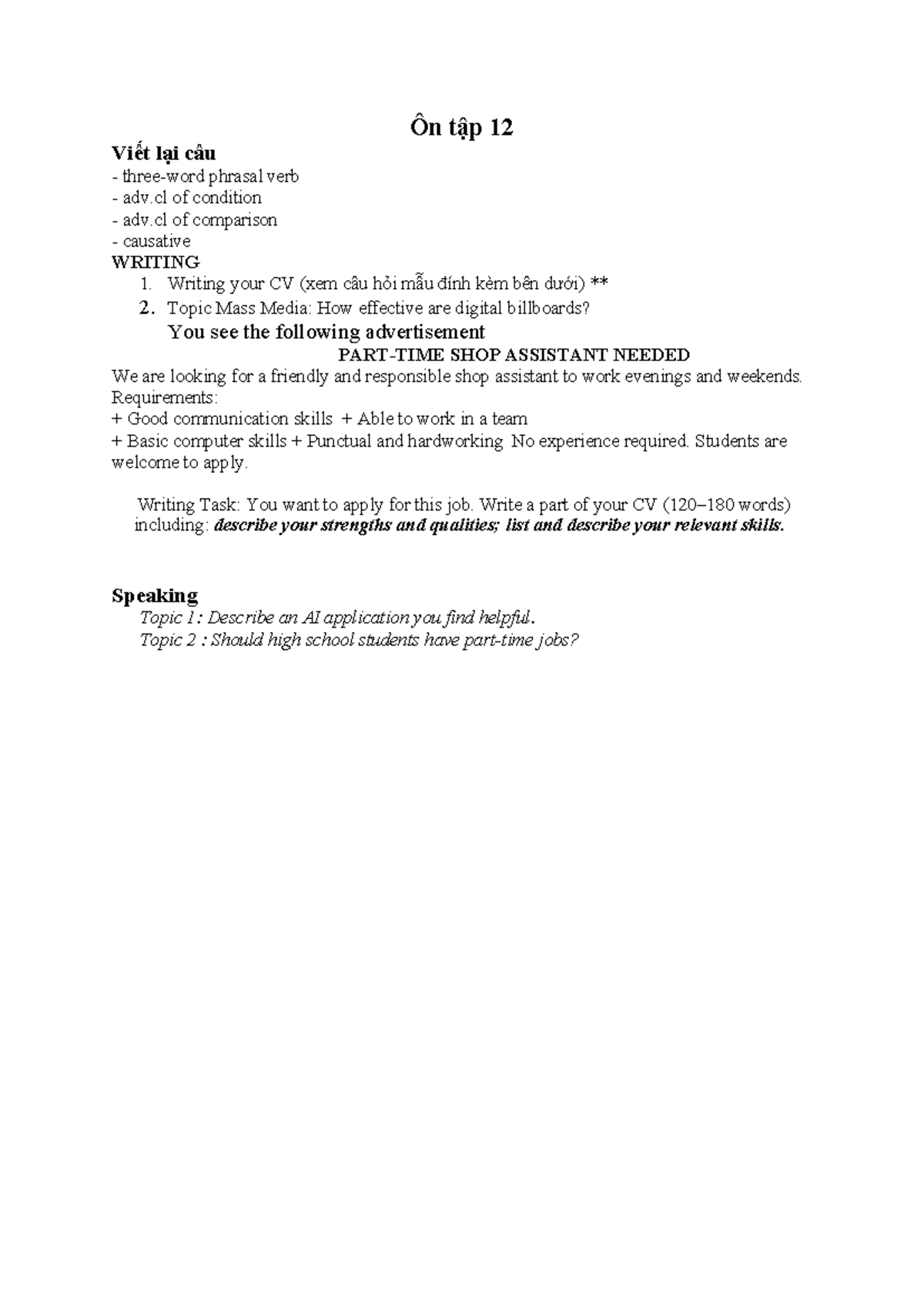 Ôn tập 12 - Phrasal Verbs & Writing Skills for Adv. Class - Studocu