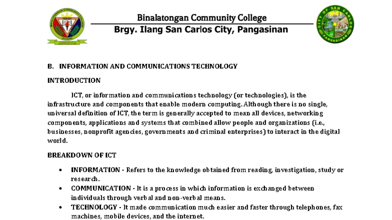 ICT: An Introduction to Information and Communications Technology - Studocu
