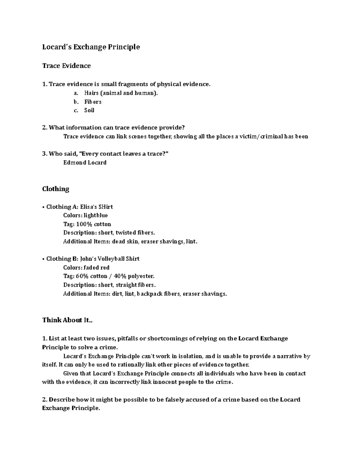 Locates principle - Minute - Locard's Exchange Principle Trace Evidence ...