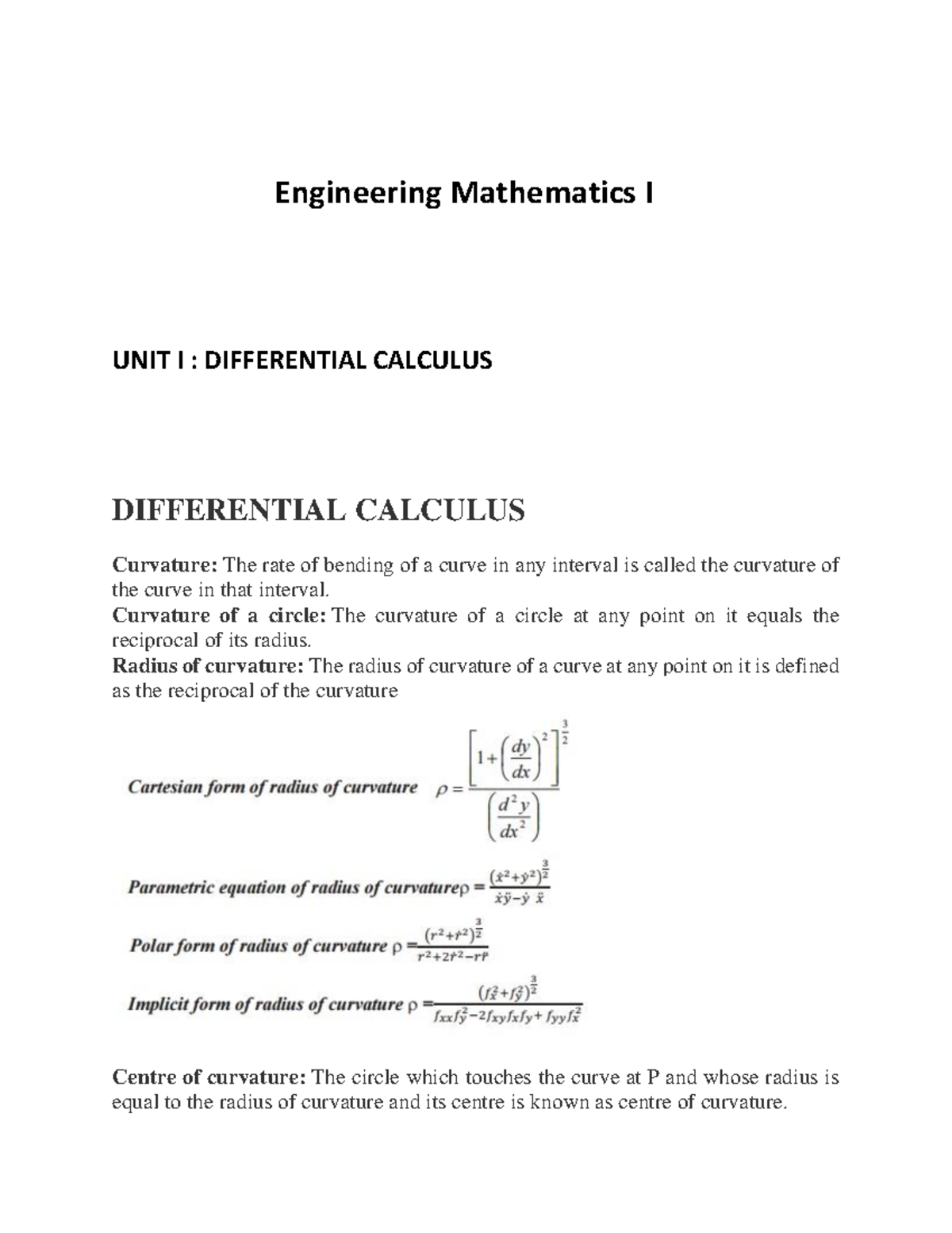 1st Sem Eng Math I: Differential Calculus Overview & Key Concepts - Studocu