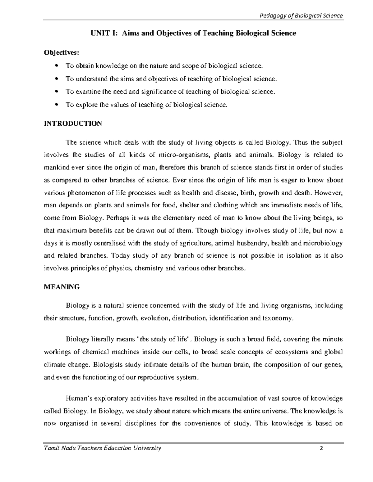 SEM 2 Pedagogy of Biological Science: Aims, Scope & Significance - Studocu