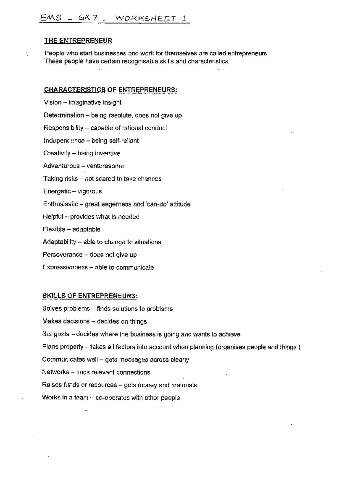 GR 7 EMS TERM 3 W1 - ENTREPRENEUR CHARACTERISTICS & SKILLS - Studocu