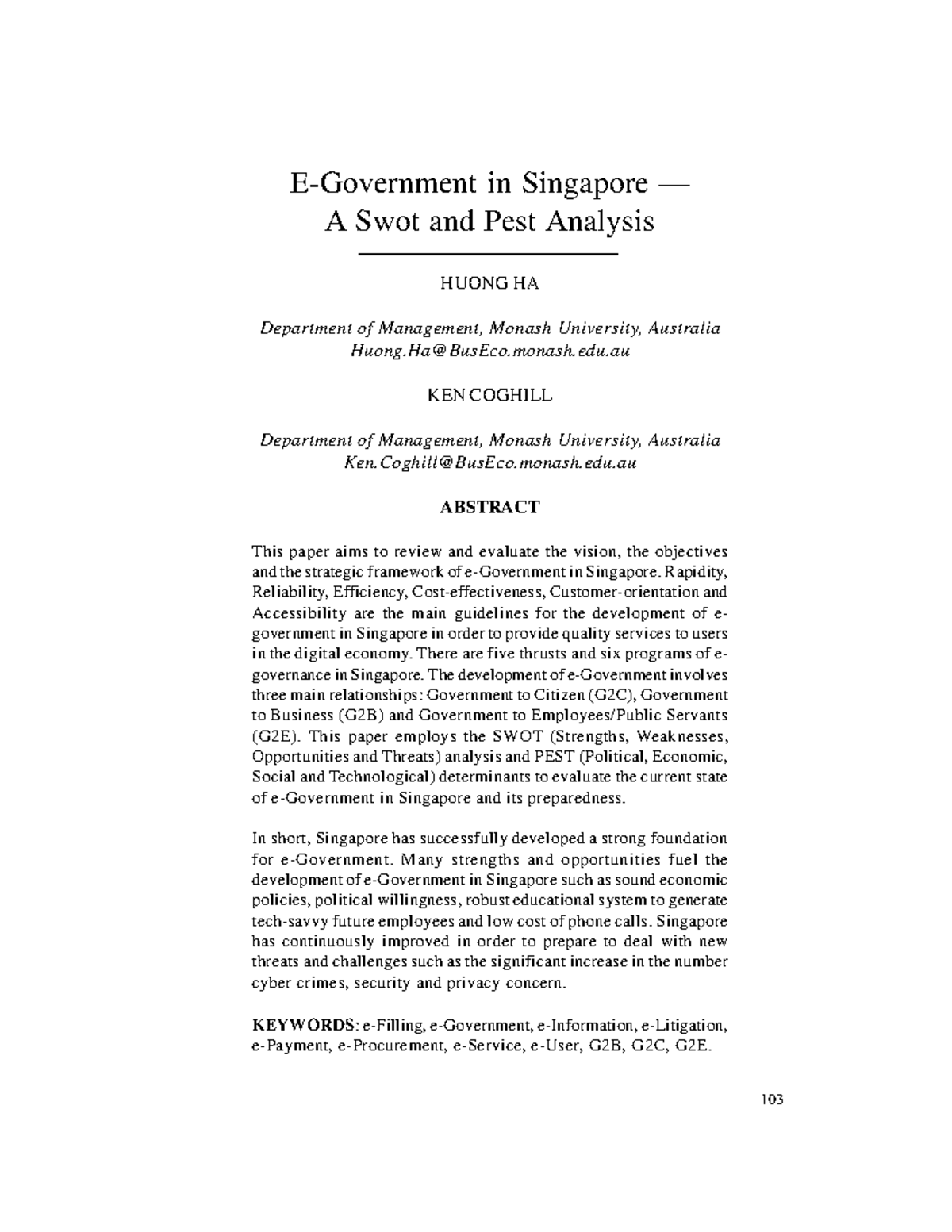 E-Government in Singapore: A SWOT and PEST Analysis (HUONG HA & KEN ...