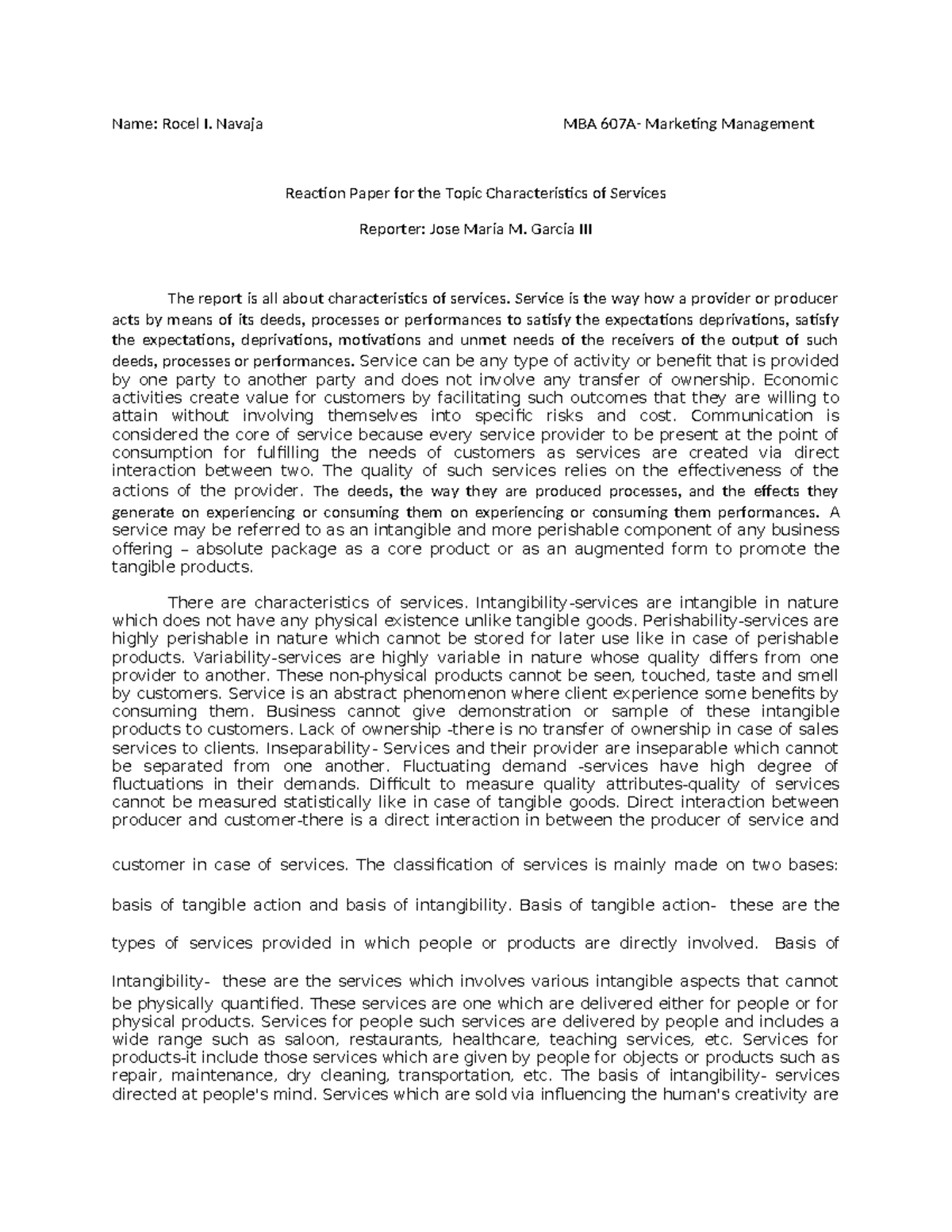MBA 607A Reaction Paper: Characteristics of Services - Studocu