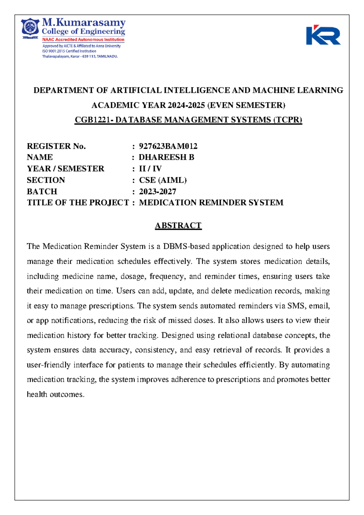 Medication Reminder System Project (TCPR) - Dhareesh B - Studocu