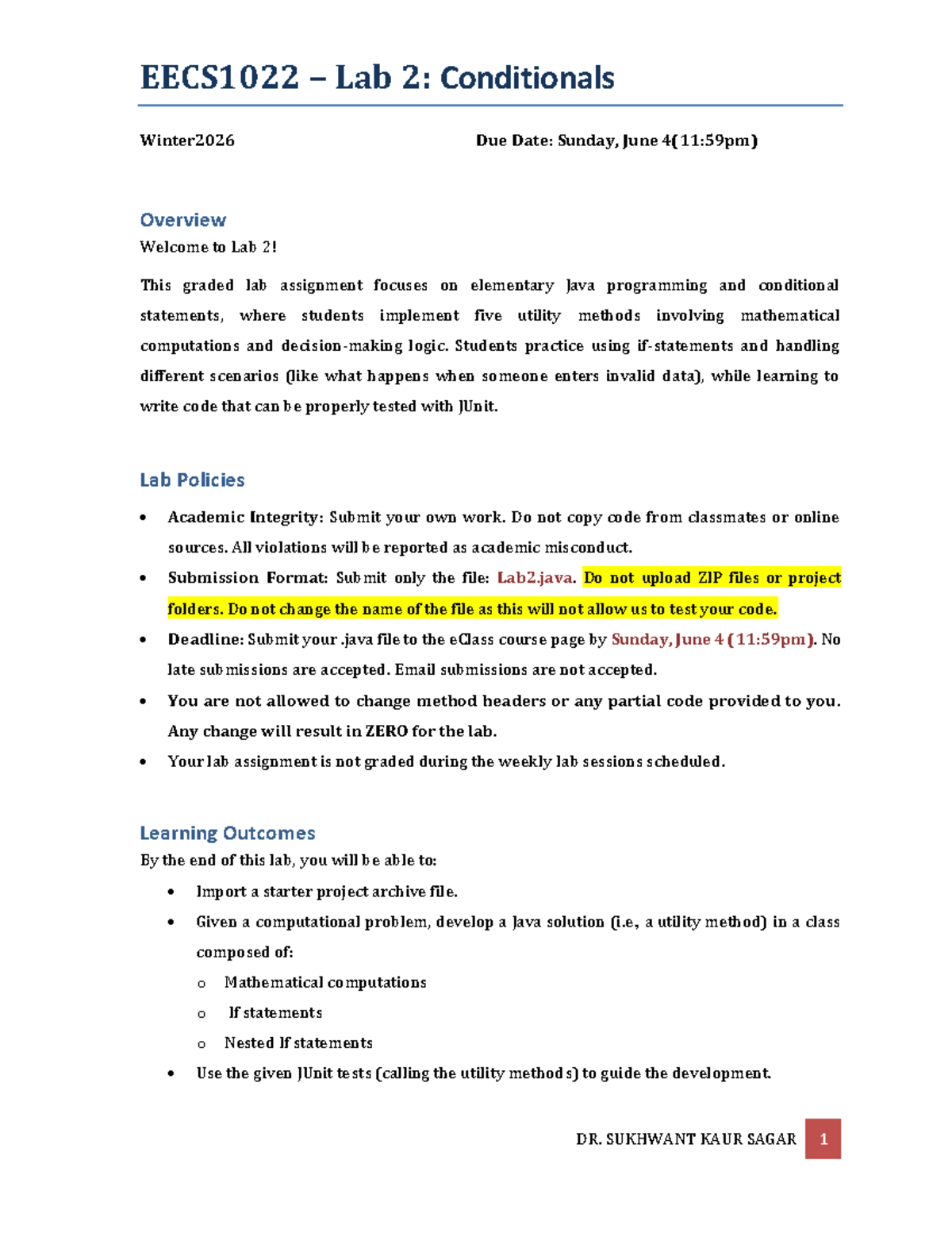 EECS1022 Lab 2: Conditionals - Java Programming Guide Winter 2026 - Studocu