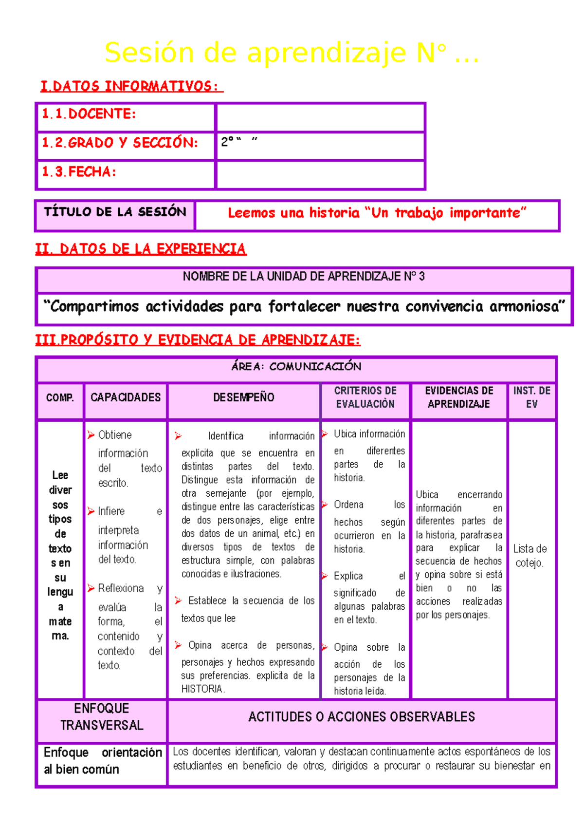 Sesión de Aprendizaje: Leemos Juntos - Trabajo Importante (I.DATOS) - Studocu