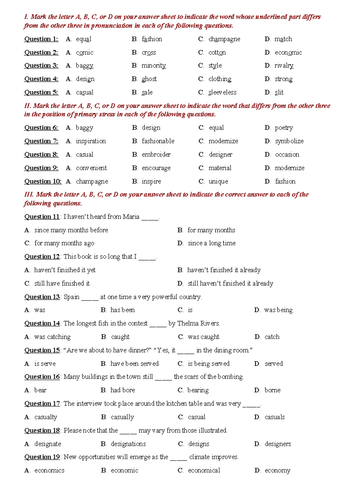 Test for Unit 2: Keys to Clothing Pronunciation & Stress - Studocu