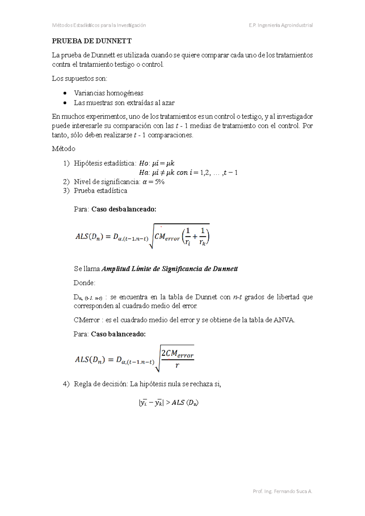 Métodos Estadísticos E.P. Ingeniería Agroindustrial: Prueba de Dunnett - Studocu