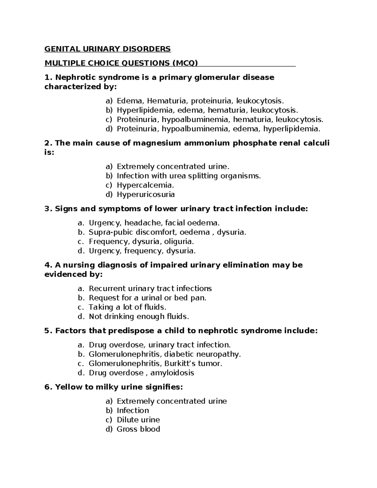 Genital Urinary Disorders: MCQ, SAQ & LAQ Study Guide - Studocu