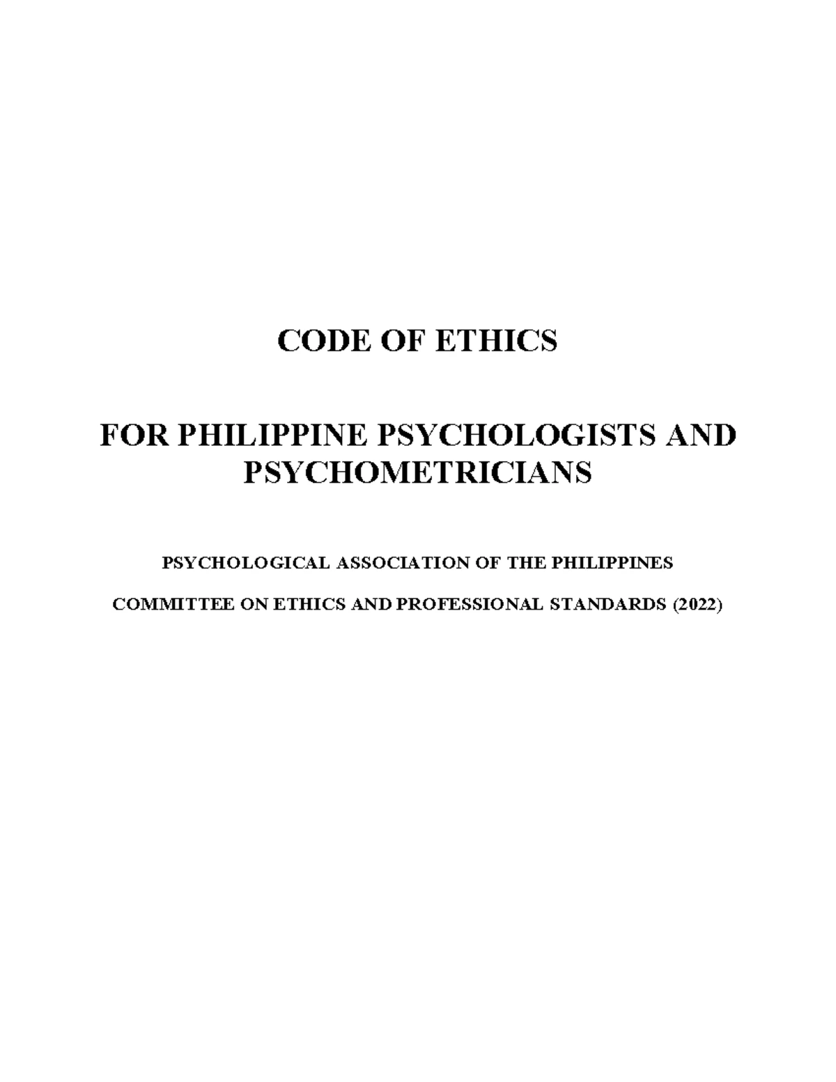 PAP CODE OF Ethics 2022 - CODE OF ETHICS FOR PHILIPPINE PSYCHOLOGISTS ...