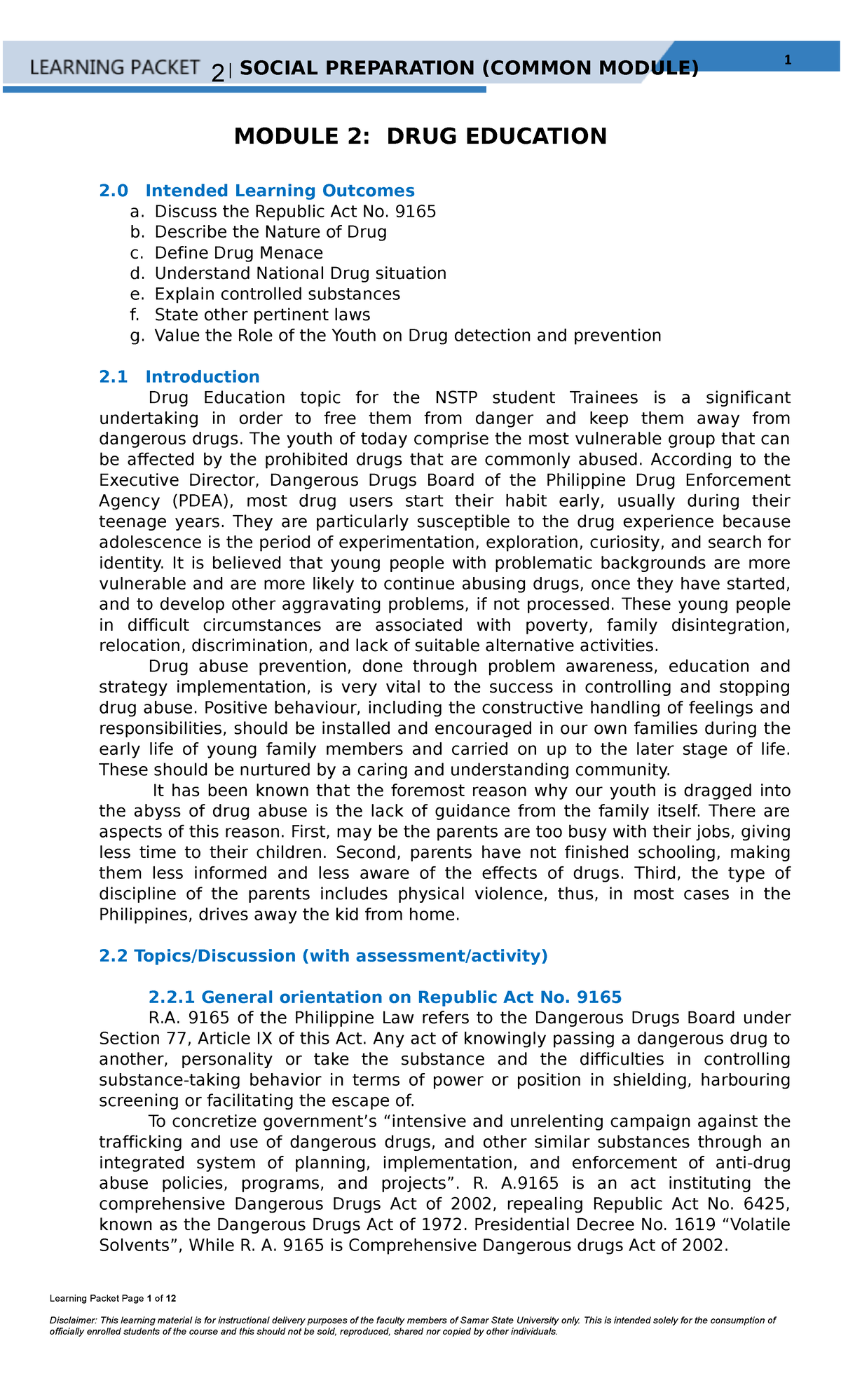 Learning Packet OF NSTP Module 2 - MODULE 2: DRUG EDUCATION 2 Intended ...
