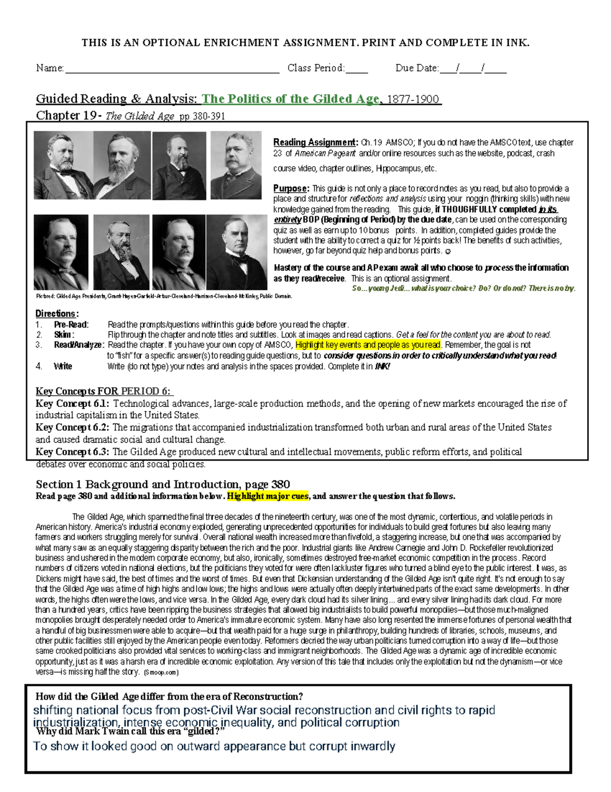 AMSCO APUSH Ch. 19 Guided Reading: The Politics of the Gilded Age - Studocu