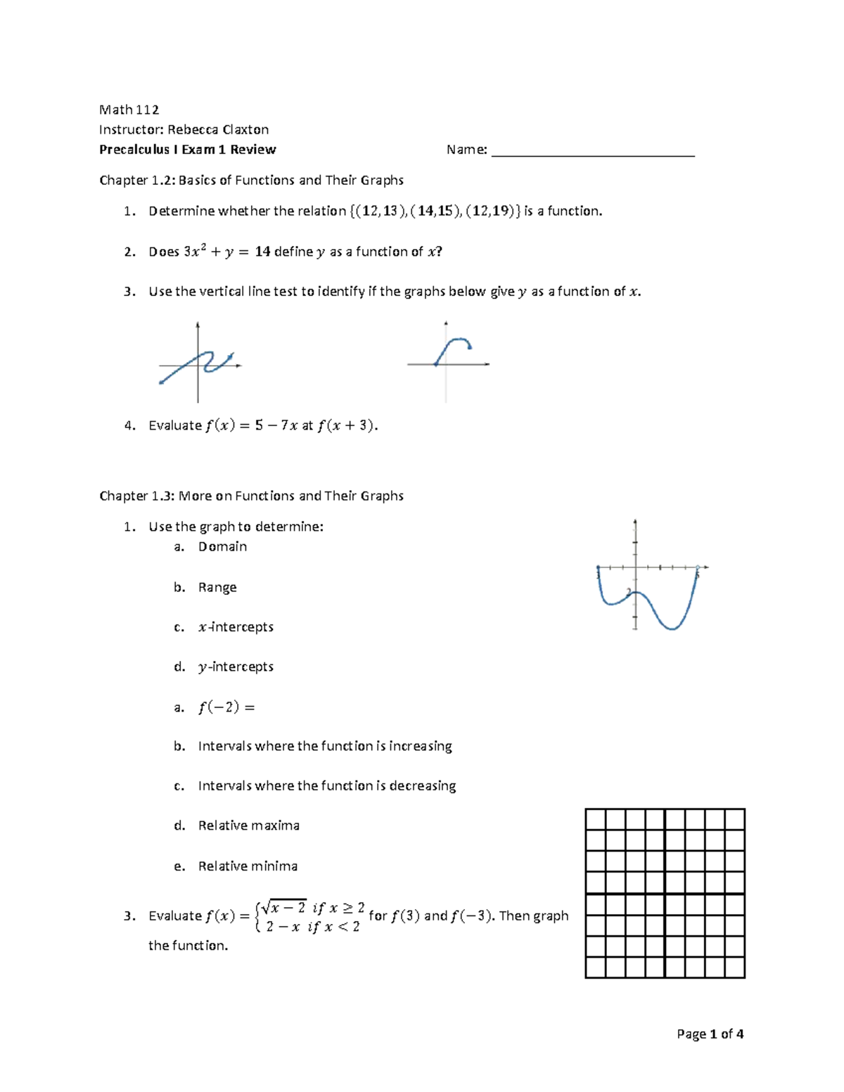 Math 112 Precalculus I Exam 1 Review: Functions & Graphs - Studocu