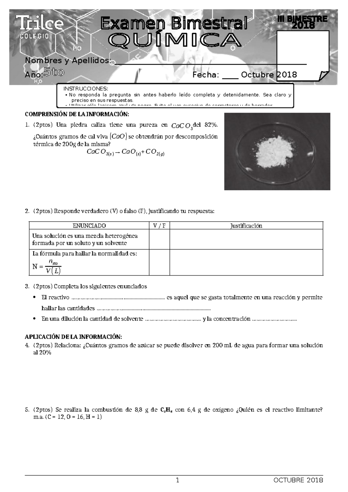 QUIM 5º - Apuntes de Comprensión y Aplicación - Octubre 2018 - Studocu