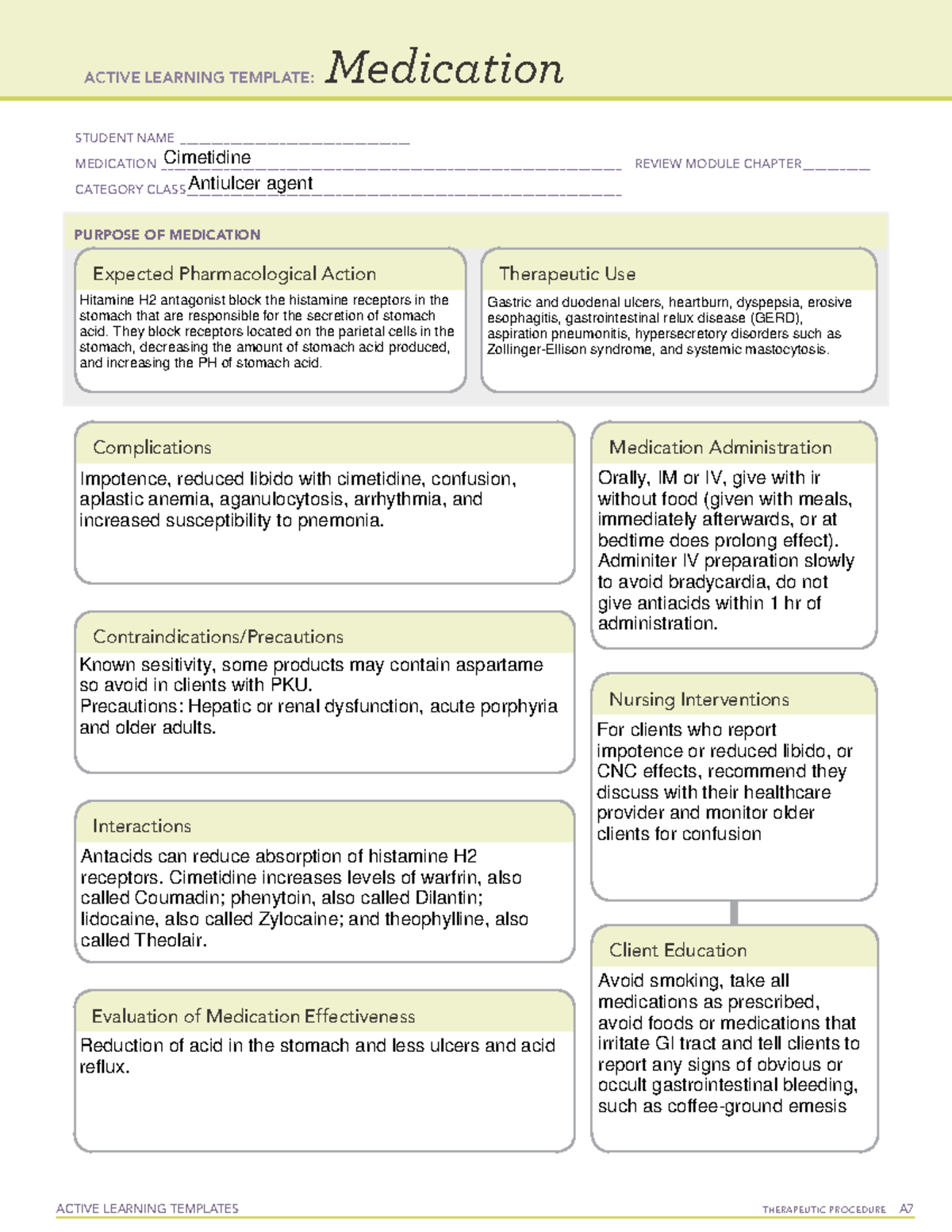 Cimetidine (Antiulcer Agent) - Active Learning Template Card - Studocu