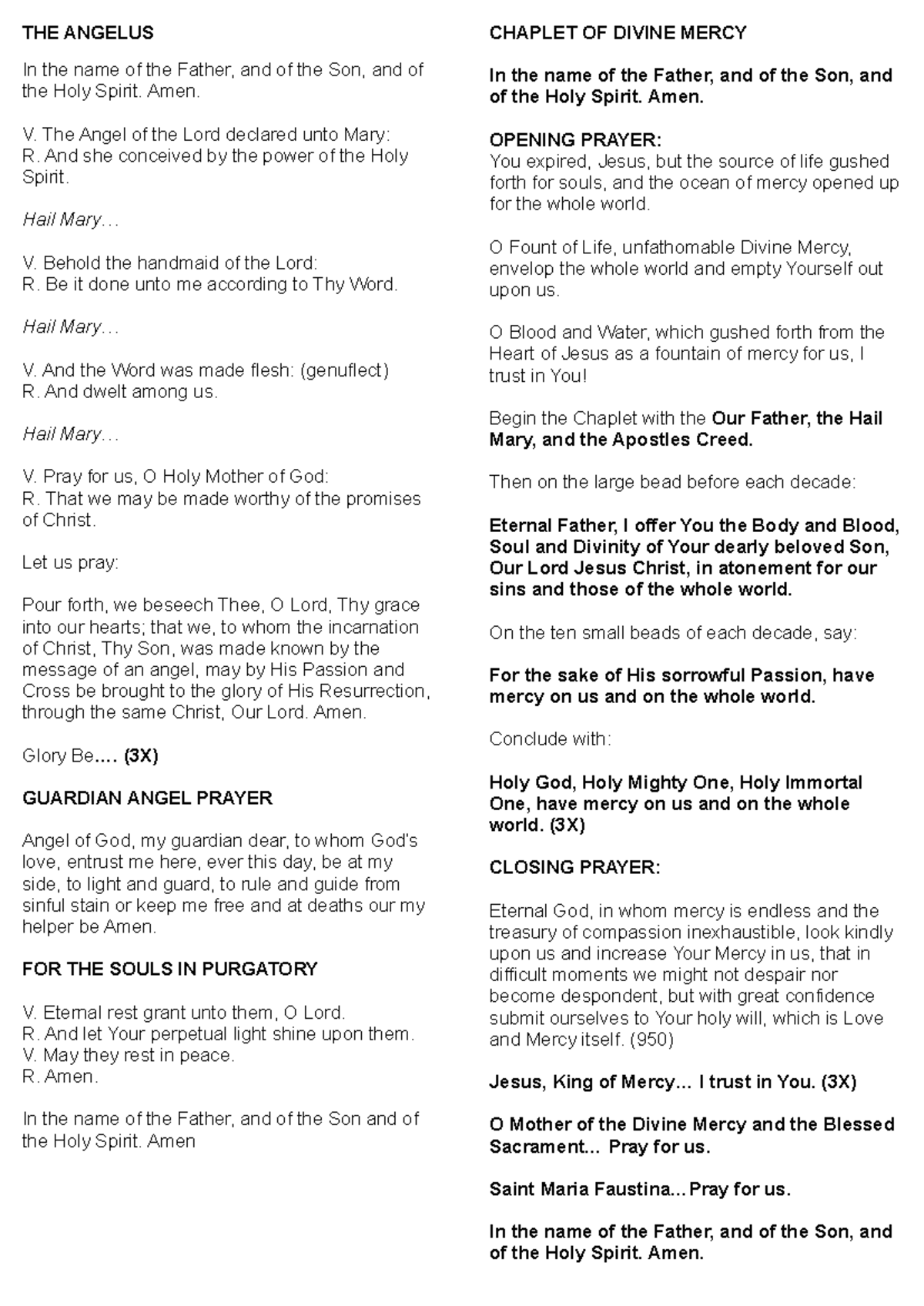 Cenacle Prayers and the Angelus Chaplet of Divine Mercy - Studocu
