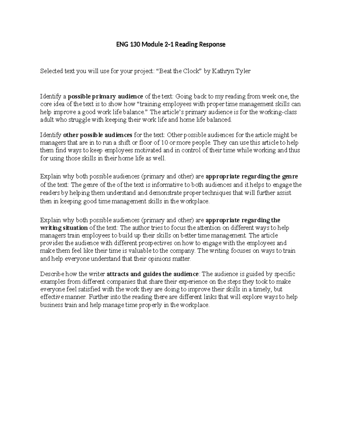 ENG 130 2-1 - Reading Response: Time Management in the Workplace - Studocu
