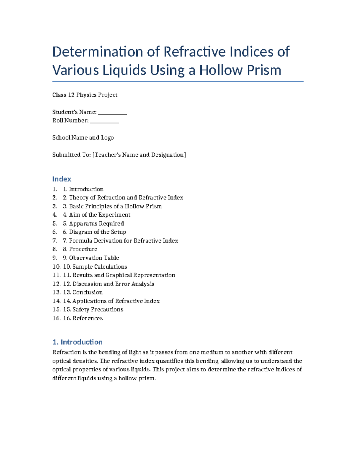 Class 12 Physics Project: Measuring Refractive Indices with Hollow ...