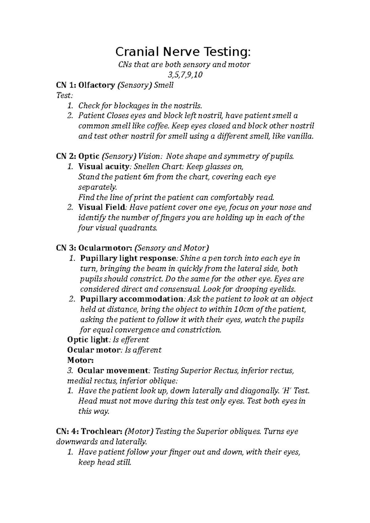 Cranial-Nerve-Testing - Cranial Nerve Testing: CNs that are both ...