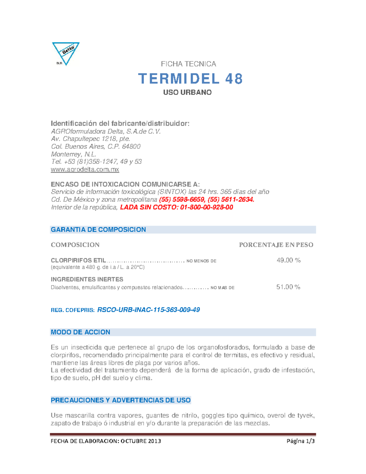 F.T. Termidel 48 - Ficha Técnica de Química y Uso Urbano - Studocu