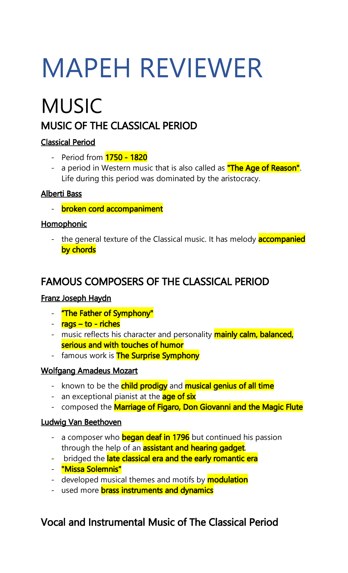 Mapeh Q2 Reviewer - MAPEH REVIEWER MUSIC MUSIC OF THE CLASSICAL PERIOD Classical Period - Period ...